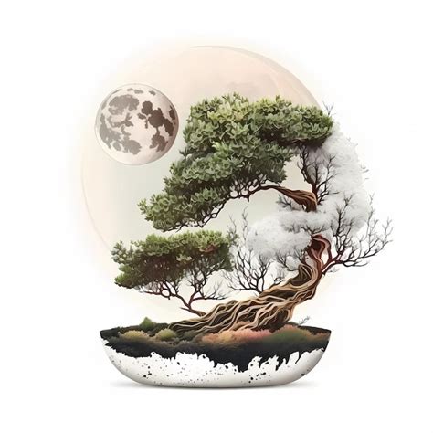 Árbol de bonsái blanco verde con luna llena brillante Foto Premium