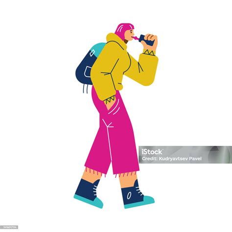 전자 담배를 걷고 흡연하는 젊은 여성 흰색 배경에 고립 된 평면 벡터 일러스트레이션 흡연에 대한 스톡 벡터 아트 및 기타 이미지