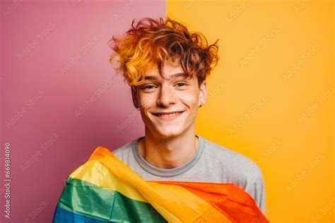 Portrait Of Red Haired Non Binary Man With Rainbow Flag Smiling And
