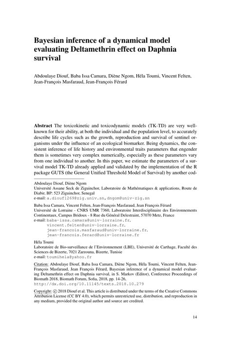 Pdf Bayesian Inference Of A Dynamical Model Evaluating Deltamethrin Effect On Daphnia Survival
