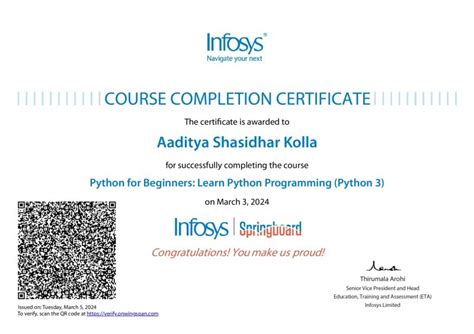 Completed Python Course With Infosys Aaditya Shasidhar Kolla Posted