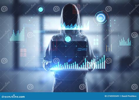 Hacker Holding Laptop With Glowing Digital Business Interface With Charts On Blurry Office