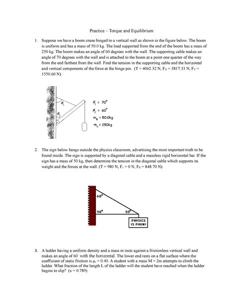 Torque In Class Pracitce Practice Torque And Equilibrium 1