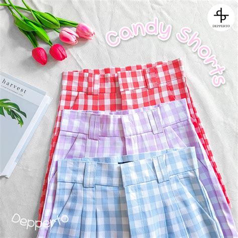 เอว 26 32 กางเกงขาสั้นเอวสูง กางเกงลายสก๊อต รุ่น Candy Shorts สีพาสเทล