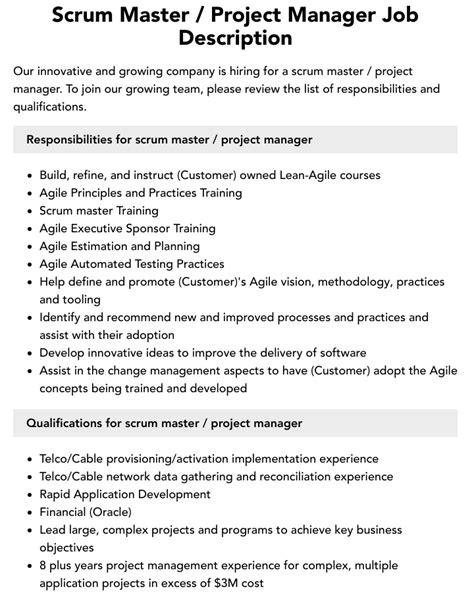 Scrum Master Project Manager Job Description Velvet Jobs