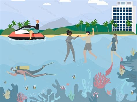 Люди катаются на водных скутерах ныряют с — Vectorgraphicsio