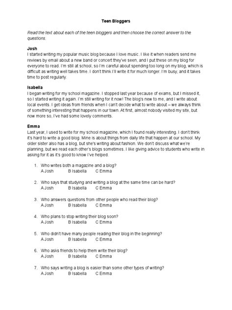 A2 Reading Part 2 Teen Bloggers Pdf