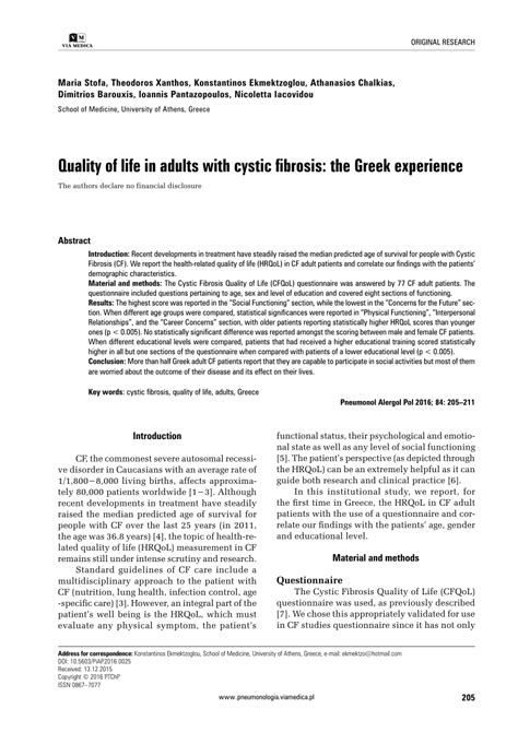 Pdf Quality Of Life In Adults With Cystic Fibrosis The Greek Experience