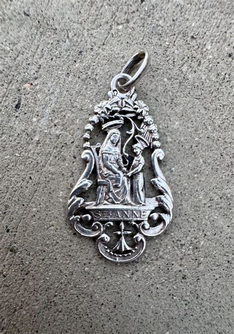 Large Antique Vintage French Sterling Silver Saint Anne And Mary Medal