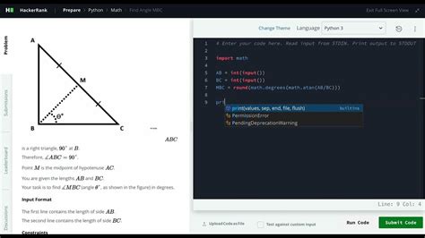 Hackerrank Python Solution 1 Math Python Find Angle Mbc Youtube