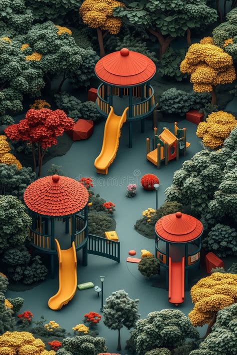 Colorful Playground Nestled In A Vibrant Forest With Slides And