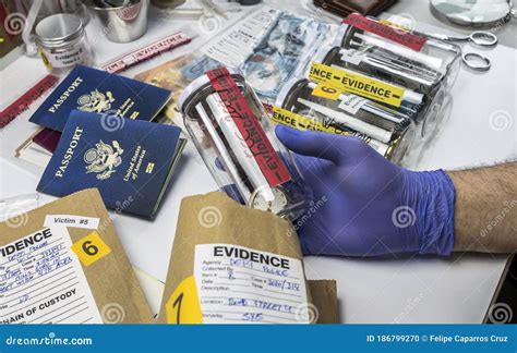 Police Scientist Prepares Vial For Crime Lab Analysis Royalty Free