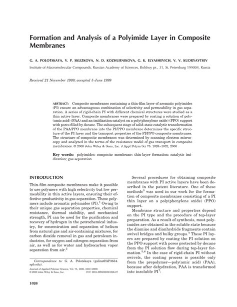 Pdf Formation And Analysis Of A Polyimide Layer In Composite Membranes