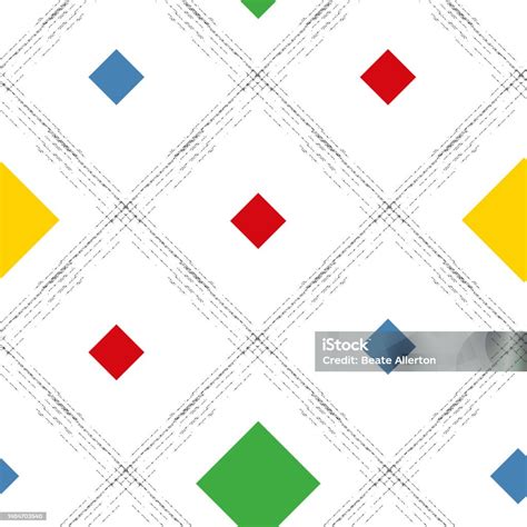 바우 하우스 스타일의 대각선 벡터 그리드와 그런 지 질감의 브러시 스트로크와 몬드리안 컬러 마름모 사각형 원활한 트렐리스는 크로스 배경을 울립니다 일반 선형 최소 기하학적
