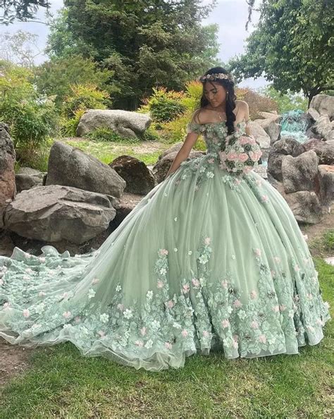 Mint Green Princess Quinceanera Dresses Off Shoulder 3D Floral Ball Go