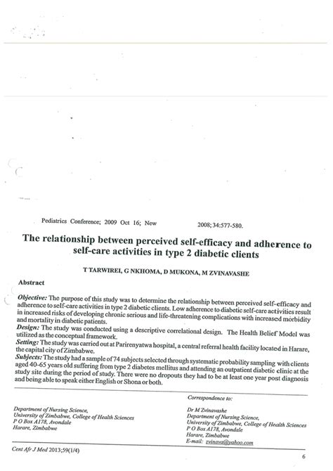 Pdf The Relationship Between Perceived Self Efficacy And Adherence To Self Care Activities In