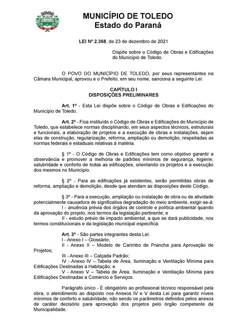 Código De Obras Toledo Pr Estado Do Paraná Lei Nº 2 De 23 De