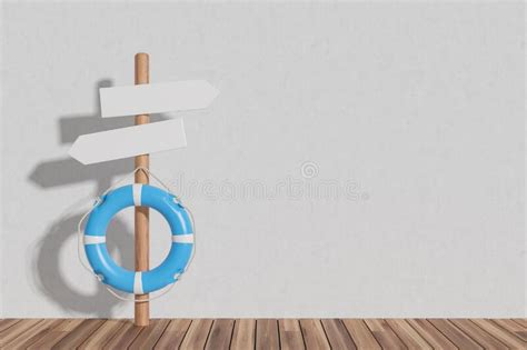 Lifebuoy And Mockup Road Pointer On Grey Concrete Wall Hardwood Floor