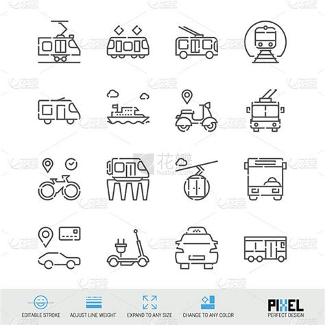 向量线图标集。公共交通相关的线性图标。城市车辆符号，象形文字，标志