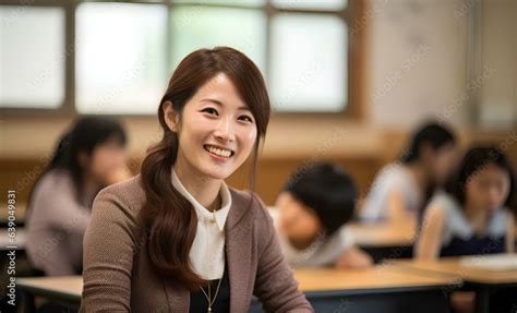 한국의 초등학교 여자 선생님이 학생들과 함께 앉아 시청각 교육 시간에 수업을 진행하고 있는 모습 Stock