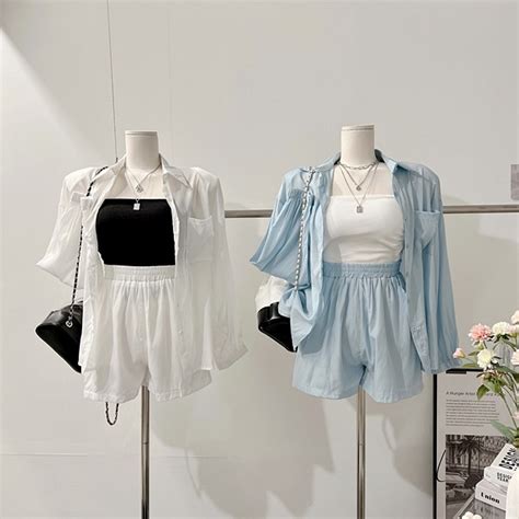 [셔츠 반바지set 페미닌 ] 여름 손목 밴딩 오버핏 실키 새틴 쉬폰 시스루 셔츠 블라우스 밴딩 와이드 반바지 숏팬츠 투피스 세트 [4color]