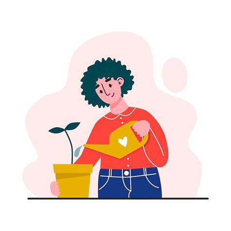 Premium Vector Young Woman Watering Houseplant Caring For Indoor