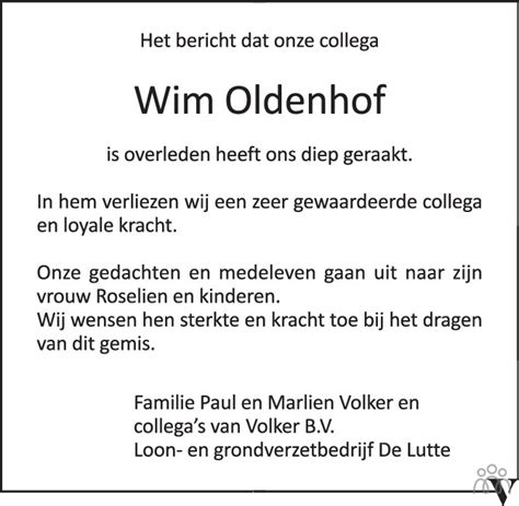 Gerrit Willem Wim Oldenhof 20 05 2022 Overlijdensbericht En