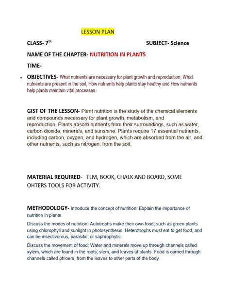 Lesson Plan Class 7 Pdf Nutrition Diet And Nutrition