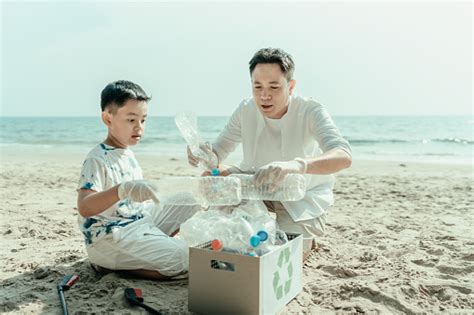 한 아버지와 아들이 해변에서 쓰레기를 치우고 재활용을 위해 상자에 넣고 있다 가족은 더러운 바닷가를 청소합니다 2명에 대한 스톡 사진 및 기타 이미지 Istock