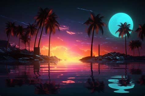 Premium Ai Image Palm Trees Neon Sunset And Water Retro Album Cover