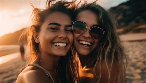 Premium Ai Image Young Women On The Beach Taking Selfie And Laughing