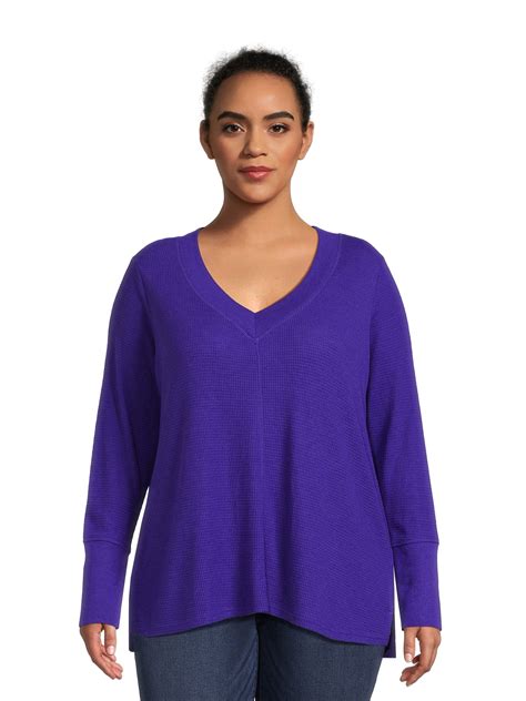Terra And Sky Womens Plus Size Waffle V Neck Tee With Long Sleeves