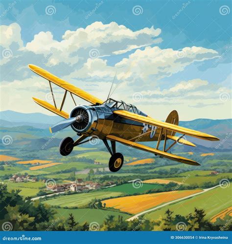 A Vintage Biplane Flying Over A Rural Landscape With Green Fields And