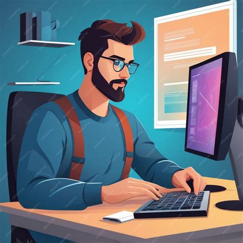 Young Man Working On Computer Business People Sitting At Office Desk Premium Ai Generated Image
