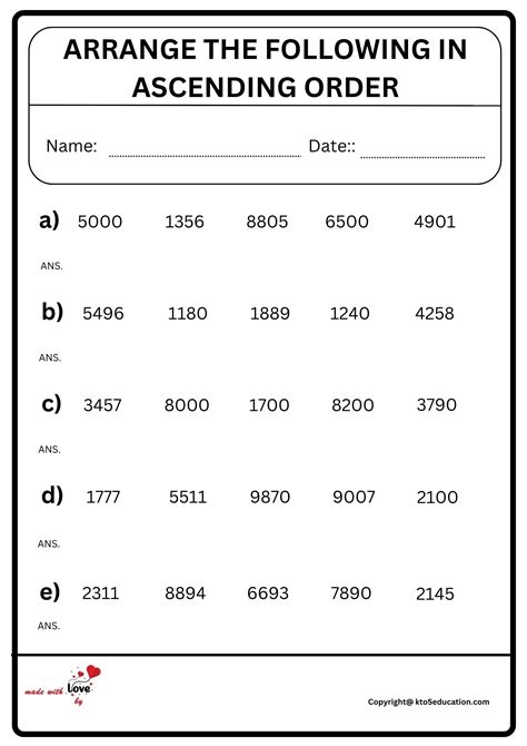 Arrange The Following In Ascending Order Worksheet FREE