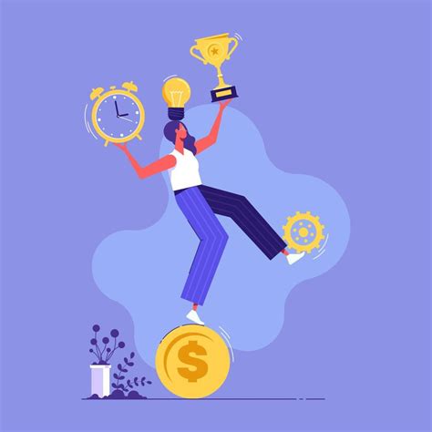 Businesswoman Balancing Some Business Action Icons As Business Strategy Business Concept Vector