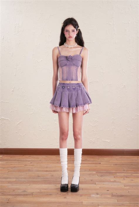 Color Denim Feminine Lace Rose Topsandmini Skirt Mini Skirts Outfits
