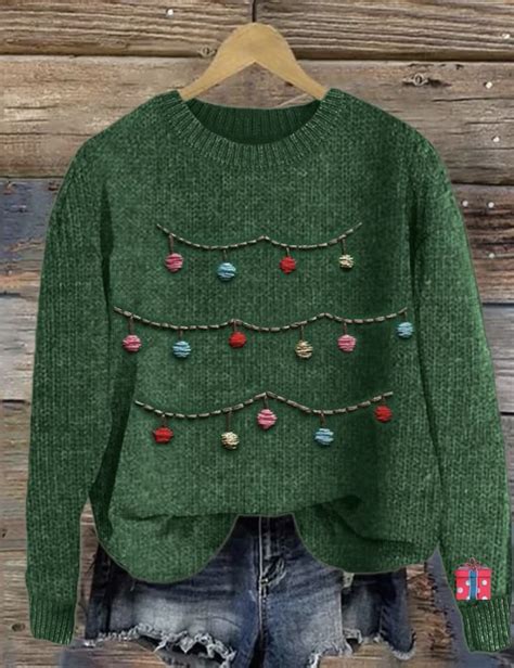 Green Christmas Sweater With Festive Lights Green Casual Christmas