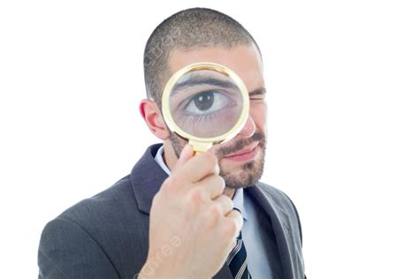 Isolated Young Business Man With Magnifying Glass Photo Background And