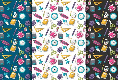 School Supplies Theme Seamless Pattern Set Stock Vector