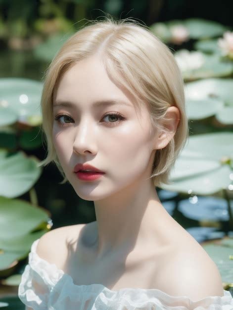 Portrait De Belles Femmes Japonaises Aux Cheveux Courts Blonds Dans Létang Avec Nénuphar