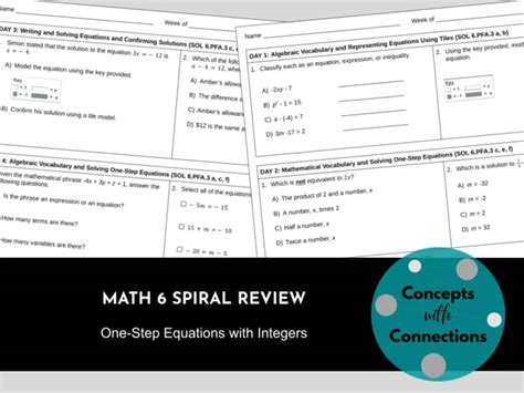 Math 6 Spiral Review One Step Equations Sol 6pfa3 Version 2