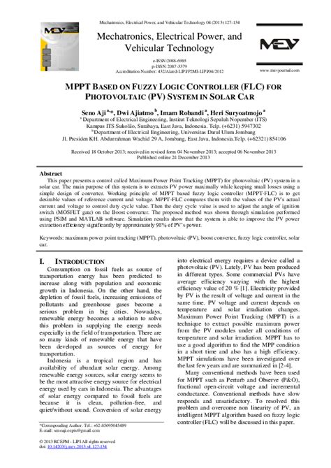 Pdf Mppt Based On Fuzzy Logic Controller Flc For Photovoltaic Pv