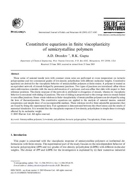 Pdf Constitutive Equations In Finite Viscoplasticity Of Semicrystalline Polymers