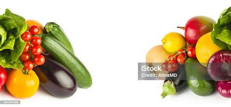 白い背景に野菜と果物のセットコラージュテキスト用の空き領域ワイド写真 かんきつ類のストックフォトや画像を多数ご用意 かんきつ類