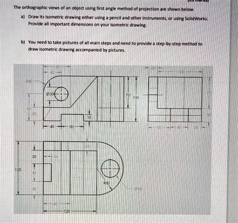 solved the orthographic views of an object using the first angle