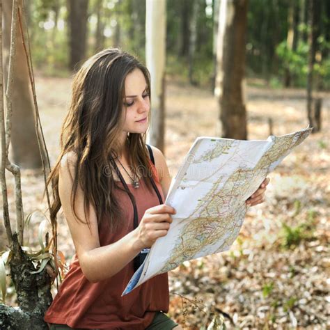 Girl Map Outdoors Travel Alone In The Forest Stock Image Image Of Leisure Concept 96004021