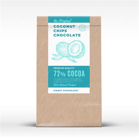 원래 코코넛 칩 초콜릿 공예 종이 가방 제품 라벨 추상적인 벡터 포장 디자인 레이아웃 현실적인 그림자 현대 인쇄 술과 손으로 그린 코코 너트 실루엣 프리미엄 벡터