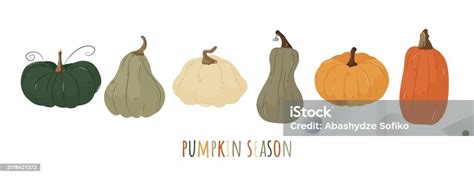 호박의 계절 호박이 다양한 종류와 색상과 글자가 있는 가을 포스터 카드 엽서 표지에 대 한 고립 된 그림 주당순이익 10 10월에 대한 스톡 벡터 아트 및 기타 이미지