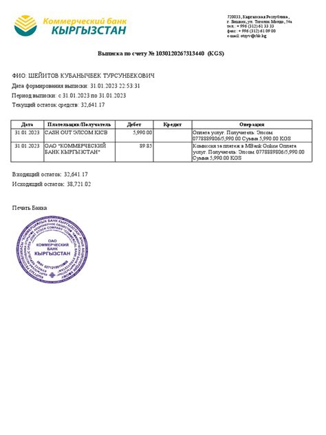 Выписка по счету Pdf